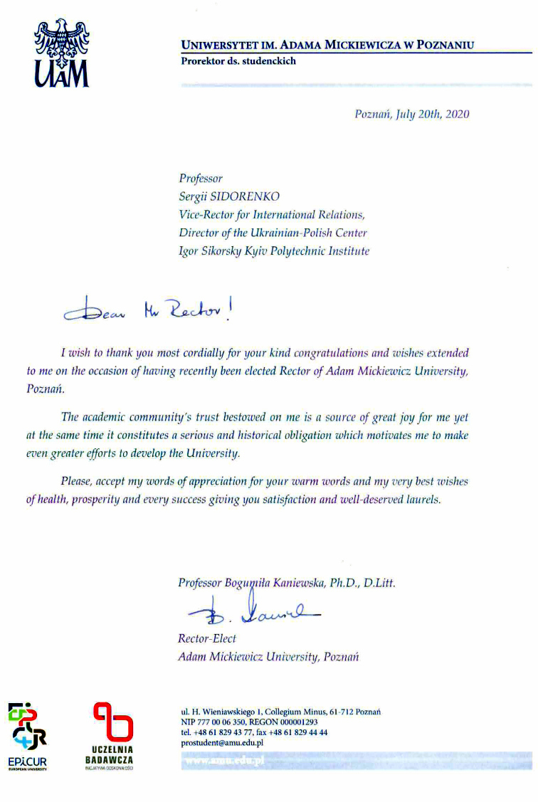 Thank-you letter from Adam Mickiewicz University Rector-Elect ...